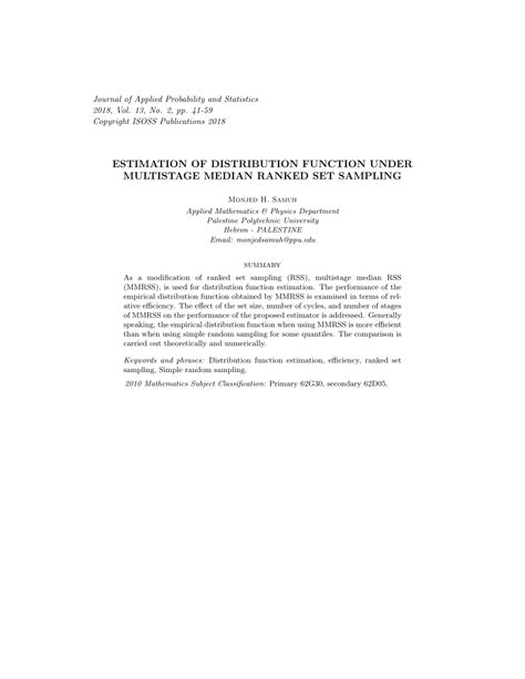 Pdf Estimation Of Distribution Function Under Multistage Median Ranked Set Sampling