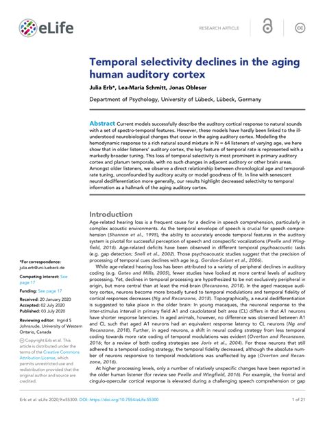 Pdf Temporal Selectivity Declines In The Aging Human Auditory Cortex