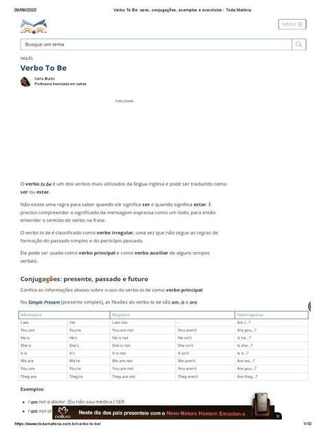 Verbo To Be Usos Conjugações Exemplos E Exercícios Toda Matéria Pdf Assunto Gramática