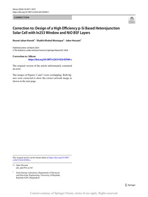 Correction To Design Of A High Efficiency P Si Based Heterojunction Solar Cell With Ln2s3