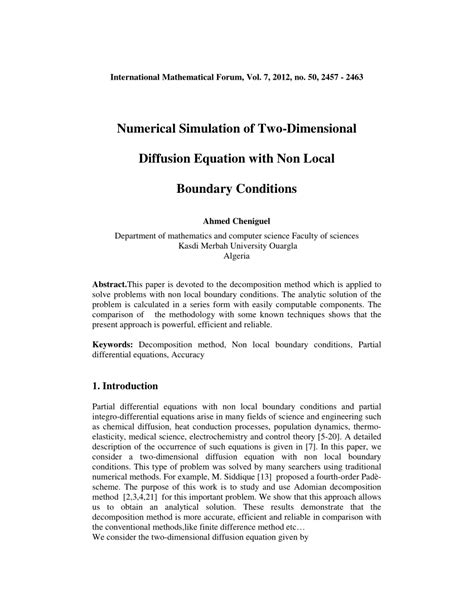 Pdf Numerical Simulation Of Two Dimensional Diffusion Equation With Non Local Boundary Conditions