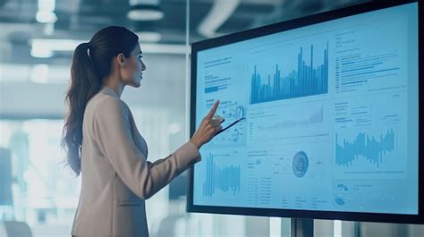 Woman Analyzing Data On A Large Interactive Screen In A Modern Office Premium Ai Generated Image
