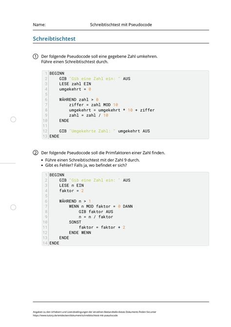 Arbeitsblatt Schreibtischtest Mit Pseudocode Tutory De