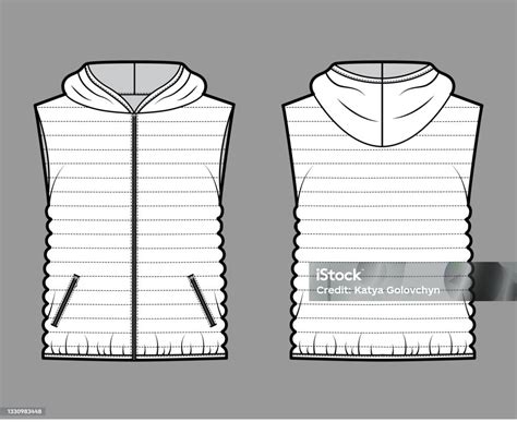 다운 베스트 퍼퍼 웨이스트코트 테크니컬 패션 일러스트와 민소매 후드 칼라 집업 클로저 힙 길이 0명에 대한 스톡 벡터 아트 및 기타 이미지 Istock