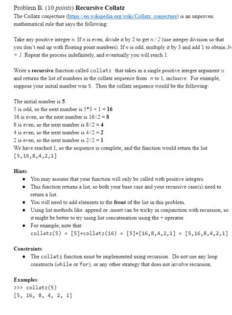 solved problem b 10 points recursive collatz the collatz