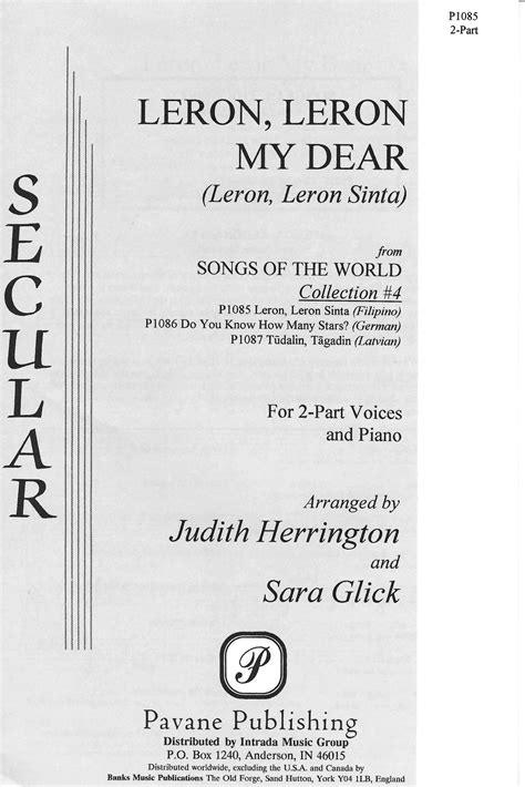 Leron Leron My Dear 2 Part Treble Choral Score Pavane Publishing