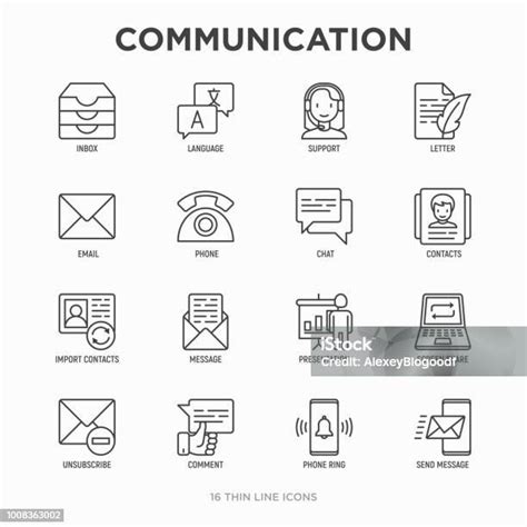 통신 선 아이콘 설정 이메일 전화 채팅 연락처 주석 받은 편지함 번역기 프레 젠 테이 션 메시지 화면 공유 지원 편지 탈퇴 현대 벡터 일러스트입니다 아이콘에 대한 스톡 벡터