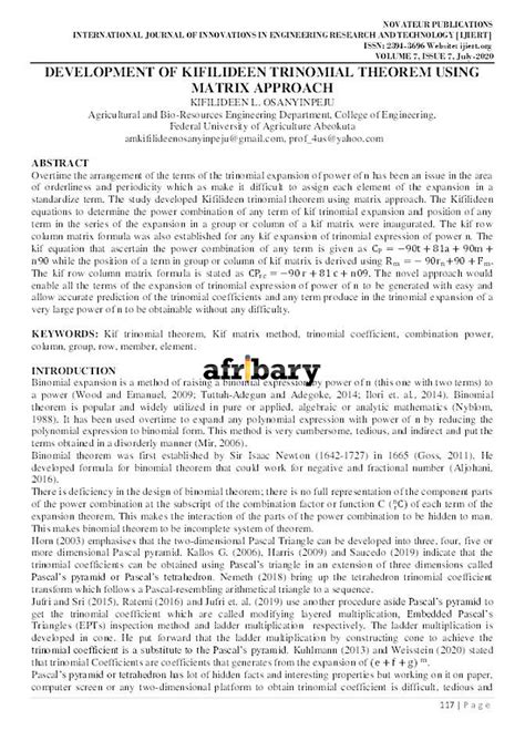 Development Of Positive Power Of Kifilideen Trinomial Using Matrix Approach Afribary
