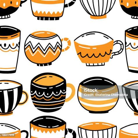 흰색 배경에 귀여운 낙서 스타일로 다양한 흑백 노란색 세라믹 컵과 매끄러운 패턴 벡터 일러스트 배경입니다 0명에 대한 스톡 벡터 아트 및 기타 이미지 Istock