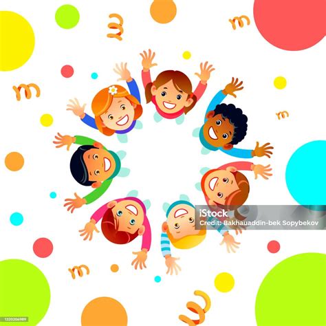 해피 우정의 날 인사말 카드 일러스트는 상단 시야각에서 위의 손을 들어 올리는 다양한 어린이 그룹 서클의 그림입니다 특별한 이벤트 축하를위한 친구 사랑 개념 만화 벡터