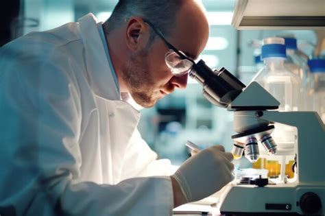 Scientist Analyzing Samples Under Microscope Premium Ai Generated Image