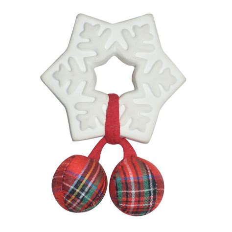 Snowflake Holiday Natural Rubber Teether W Gingham Rattle Ball Tikiri