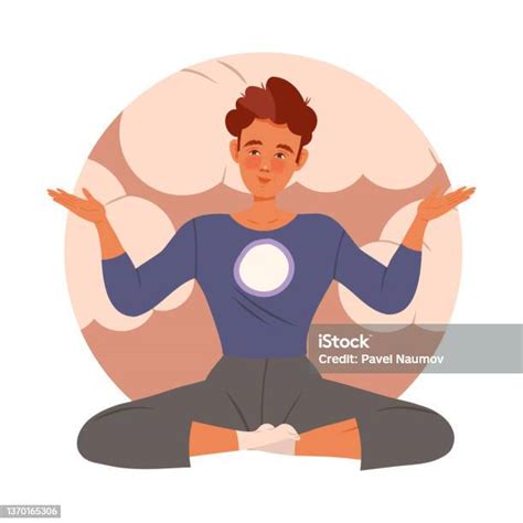 로터스 포즈를 취하는 청년 요가와 호흡 운동 만화 벡터 일러스트를 연습하는 남자 건강한 생활방식에 대한 스톡 벡터 아트 및 기타 이미지 건강한 생활방식 기민 남성