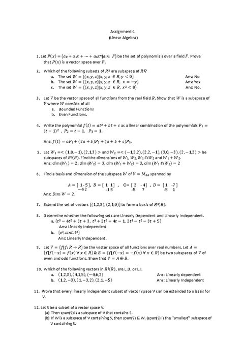Assignment Linear Algebra Assignment 1 Linear Algebra Let 𝑃 𝑥