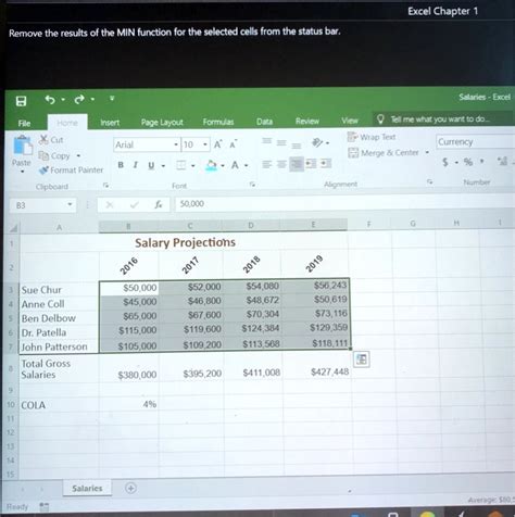 Excel Chapter 1 Remove The Results Of The Min Function For The Selected Cells From The Status