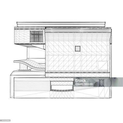 흰색 배경에 격리된 검은색 선의 사무실 복사기 와이어프레임 측면도 3d 벡터 그림입니다 컴퓨터 프린터에 대한 스톡 벡터 아트 및 기타 이미지 Istock