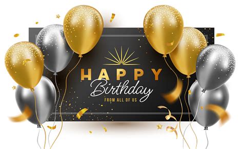 색종이 조각이 있는 검은 배경에 텍스트가 있는 황금색과 은색 비행 풍선의 벡터 휴일 템플릿 디자인 3d 현실적인 생일 축하 일러스트 공기 헬륨 풍선 공기 주입에 대한 스톡