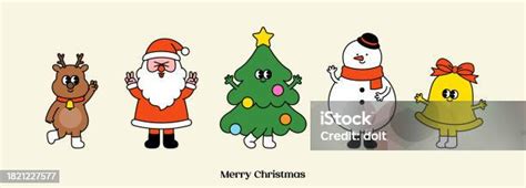 그루비 크리스마스 캐릭터 세트입니다 재미 있는 만화 크리스마스 히피 70 년대 산타 클로스 나무 순록 벨 눈사람 귀여운 마스코트 컬렉션 트렌디한 복고풍 스타일 휴일 겨울