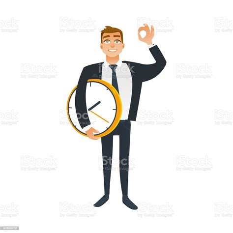 큰 벽 시계를 누른 확인 손 제스처를 보여주는 비즈니스 정장에 사무실 작업자와 사업가 시간 개념 개념에 대한 스톡 벡터 아트 및