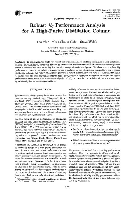 Pdf Robusth2 Performance Analysis For A High Purity Distillation Column