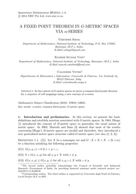 Pdf A Fixed Point Theorem In G Metric Spaces Via α Series