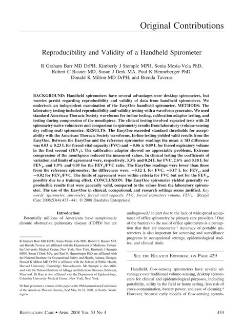 Pdf Reproducibility And Validity Of A Handheld Spirometer