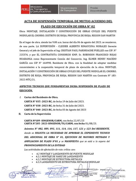 Acta De Suspensión De Obra El Chorro Pdf Ley Común Gobierno
