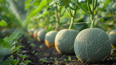 Fresh Green Melons And Cantaloupes Growing In A Sunny Farm Garden