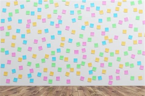 Premium Photo White Wall Is Covered By Many Colored Sticky Notes There Is A Wooden Floor In