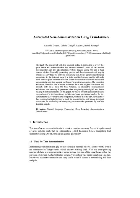 pdf automated news summarization using transformers