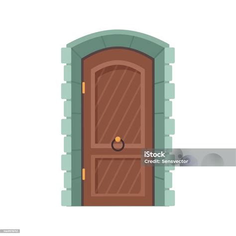 손잡이 손잡이가 있는 오래된 나무 성 문 벽돌 벽에 고립된 입구 역사적인 광경 외관 또는 건축 디자인 요소 플랫 스타일의 벡터 0명에 대한 스톡 벡터 아트 및 기타 이미지