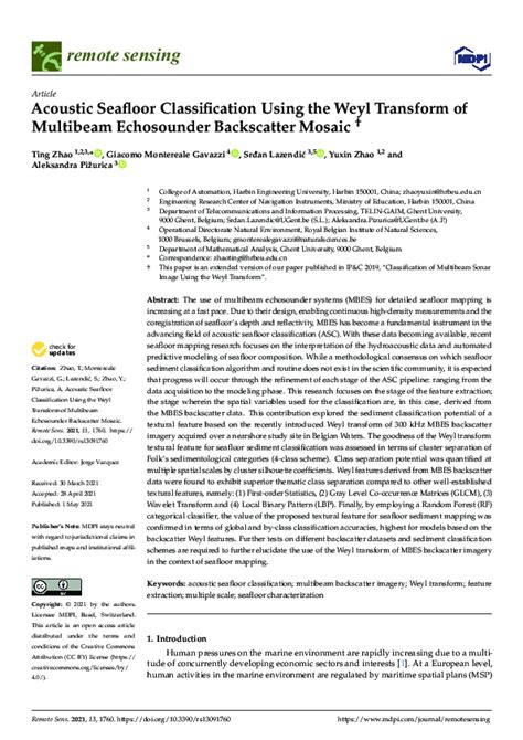 Pdf Acoustic Seafloor Classification Using The Weyl Transform Of Multibeam Echosounder