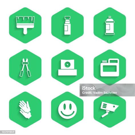 세트 스프레이노즐 캡 스마일 페이스 시큐리티 카메라 페인트 구아슈 항아리 염료 고무 장갑 볼트 커터 스프레이 및 브러시 아이콘을 사용할 수 있습니다 벡터 감시에 대한 스톡