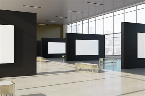 도시 전망과 일광 박물관 및 전시회 개념 3d 렌더링이 있는 검은 벽 설치 창에 빈 흰색 모의 배너가 있는 현대적인 갤러리
