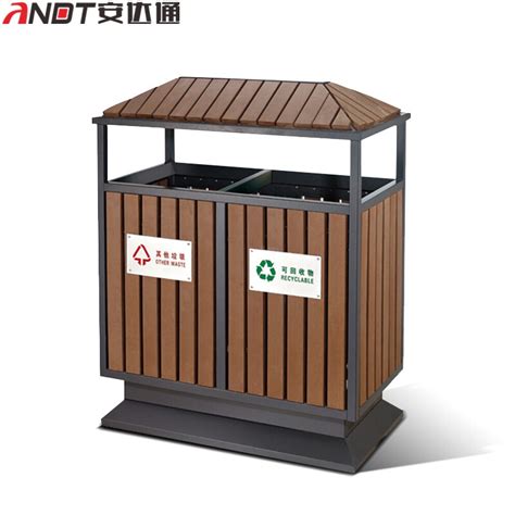 安达通 户外分类垃圾桶 公园景区庭院屋型钢木垃圾桶市政环卫室外果皮箱 30l×2（可回收和其他垃圾）屋型 融创集采商城