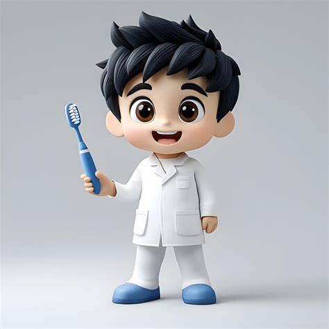 Niño Dentista De Chibi Con Un Cepillo De Dientes En Un Fondo Blanco Y