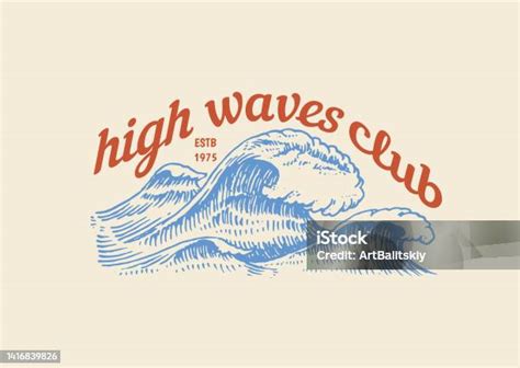 대서양 갯벌 파도 빈티지 오래 새겨진 손으로 그린 라벨 해양 및 해상 또는 바다 배너 배경 또는 포스터를위한 일본 스타일의 바다 격리된 벡터 일러스트레이션 서핑 수상