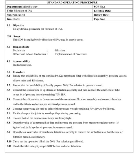 Sop For Filtration Of Ipa Manmohan Singh Chemicals Instrumentation Microbiology