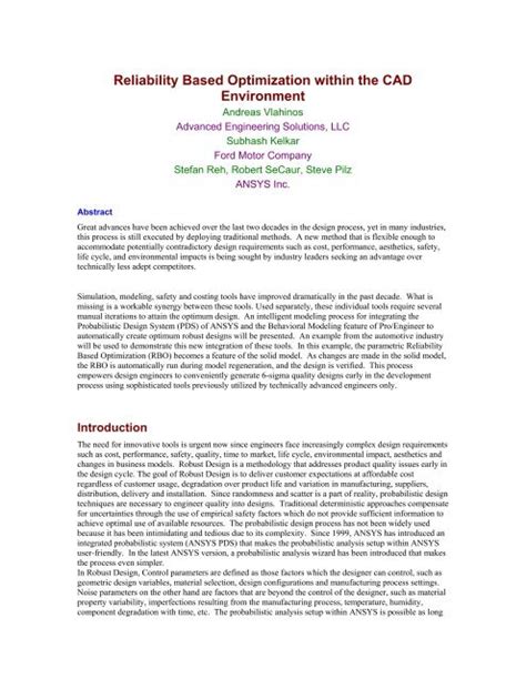 Reliability Based Optimization Within The Cad Environment Ansys
