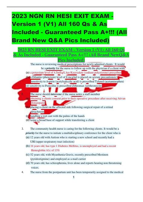 2023 NGN RN HESI EXIT EXAM Version 1 V1 All 160 Qs As Included Guaranteed Pass A
