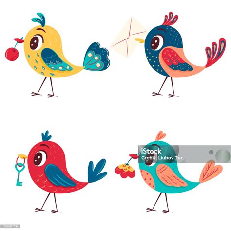 부리에 꽃 편지 열쇠 열매를 물고 있는 귀엽고 밝은 봄새 세트입니다 엽서 옷 스티커 및 포스터를 장식하기 위한 봄 요소 모음입니다 0명에 대한 스톡 벡터 아트 및 기타
