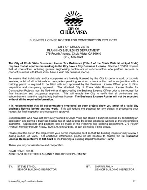 City Of Chula Vista California Business License Roster For