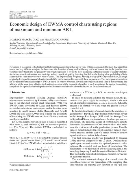 Pdf 0 Economic Design Of Ewma Control Charts Using Regions Of Maximum And Minimum Arl