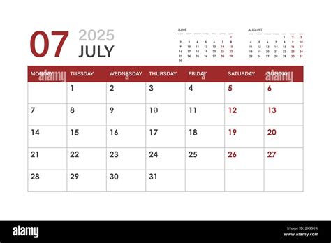 Calendar For July 2025 The Week Starts On Monday Stock Vector Image