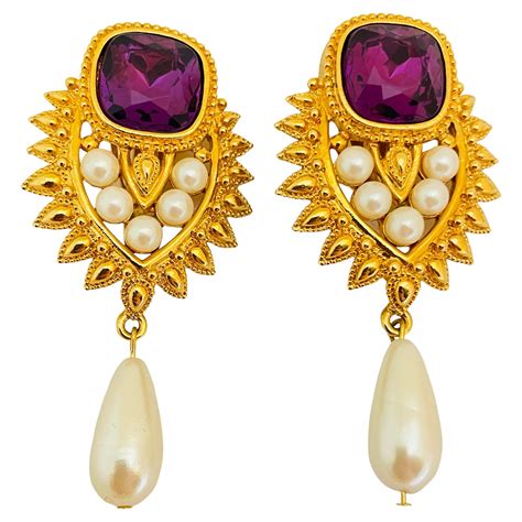 Barrera For Avon Signed Gold Amethyst Pearls Designer Runway Clip On