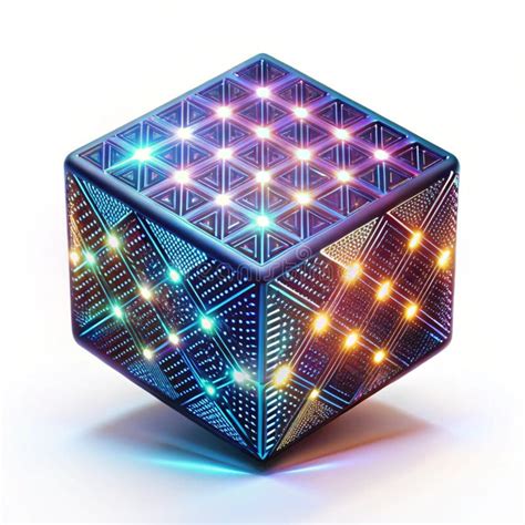 Levitating Glowing Cube With Rotating Geometric Patterns Isolated On White Stock Illustration