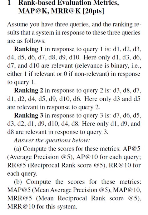 Solved 1 Rank Based Evaluation Metrics Mapk Mrrk 20pts