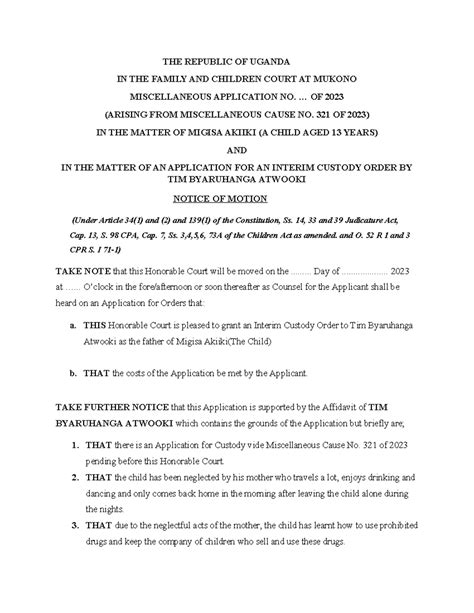 Application For Interim Custody Order 1 The Republic Of Uganda In The