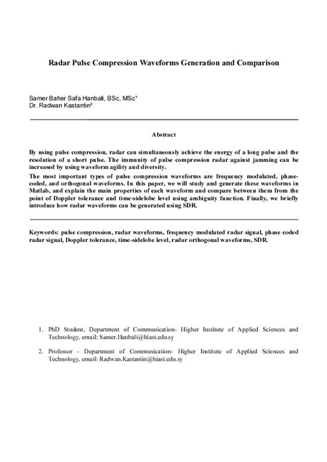 Pdf Radar Pulse Compression Waveforms Generation And Comparison