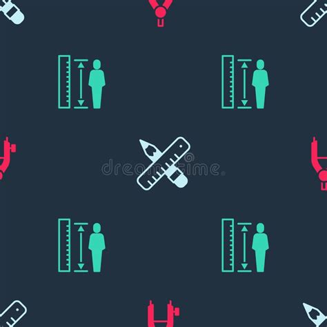 Set Drawing Compass Crossed Ruler And Pencil And Measuring Height Body On Seamless Pattern